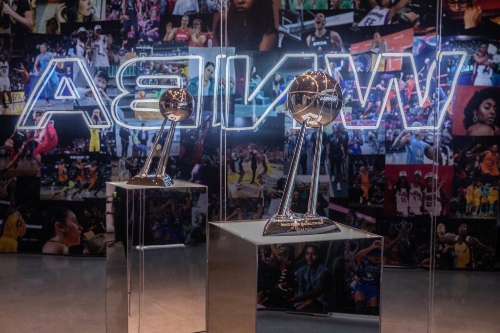 The WNBA Finals trophy is displayed at WNBA HQ